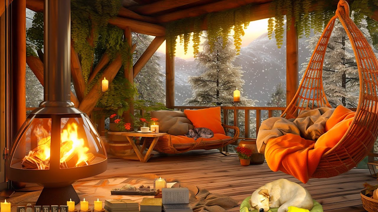 Wonderful Terrace Winter Ambience and Warm Fireplace, Snowfall Mountain ...