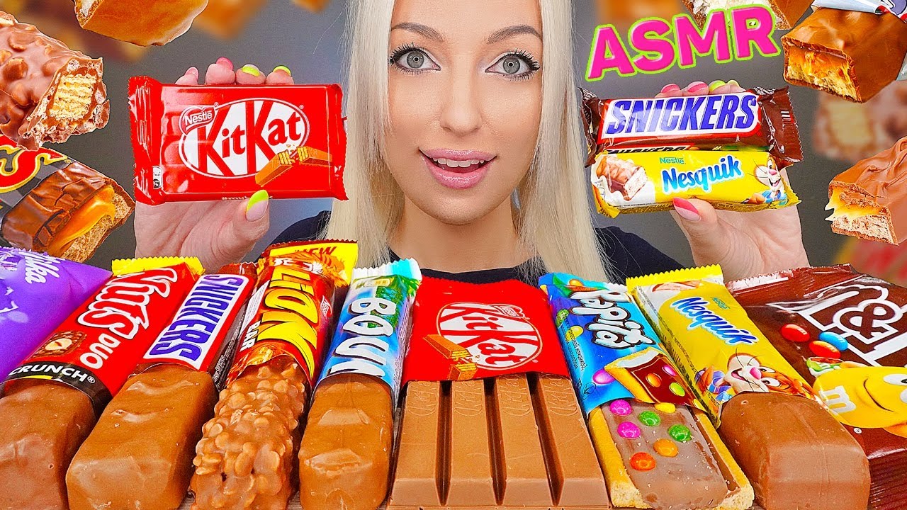 ASMR EATING CHOCOLATE CANDY BARS, ICE CREAM, SNICKERS KITKAT M&MS 초코바 ...