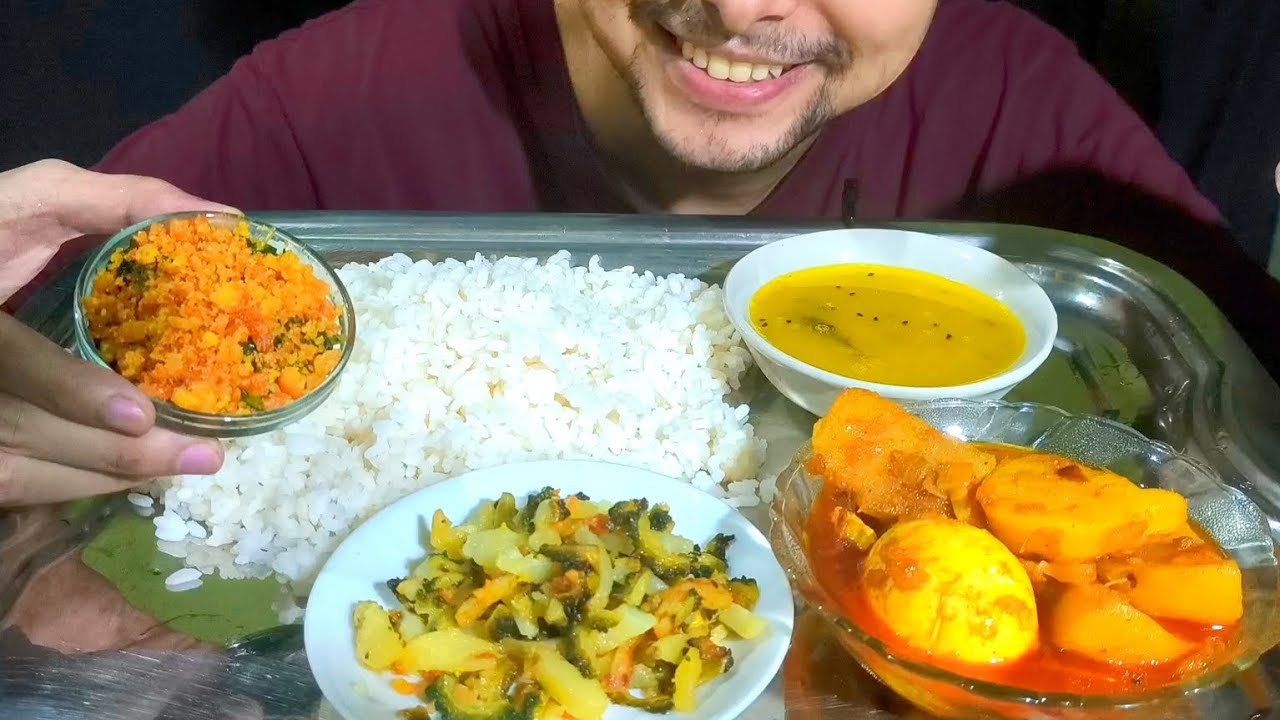 Eating show II Spicy Egg Curry 🔥 Rice, Potato Fry, Nota shak Fry, Dal ...