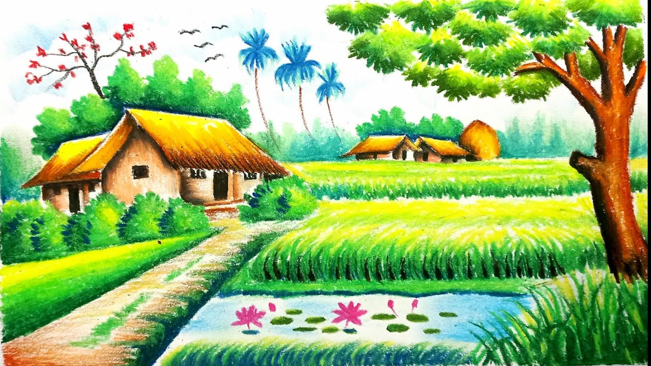 Indian Village Scenery Painting With oil pastel color | Beautiful ...