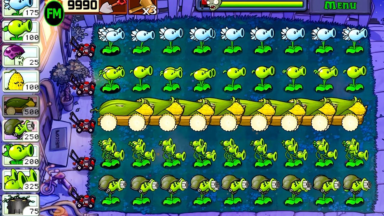 Plants Vs zombies Survival Night | Cob Cannon+Gatling Pea+Threepeater ...