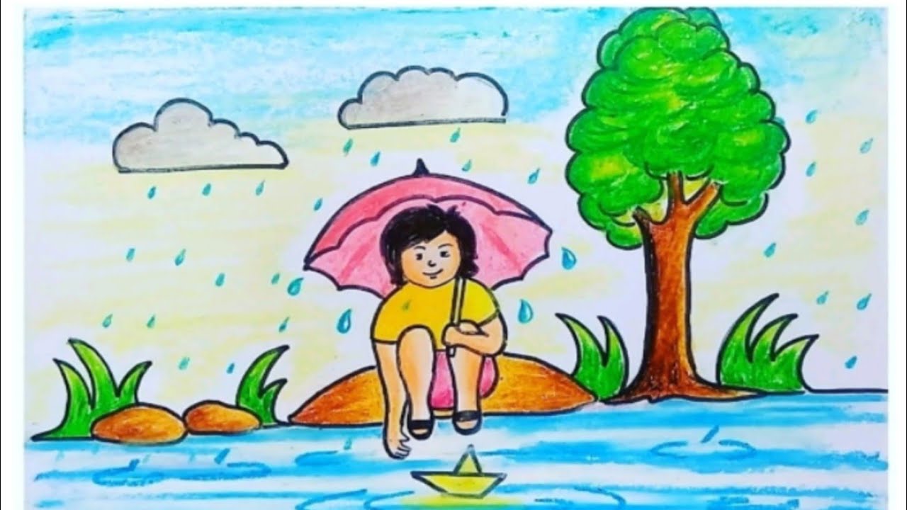Rainy season scenery drawing step by step// how to draw rainy day ...