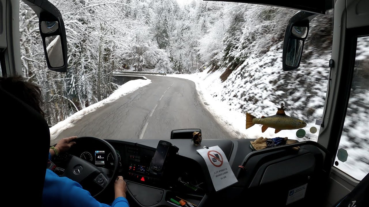 Early bus drive to snowy mountain in the Alps - YouTube