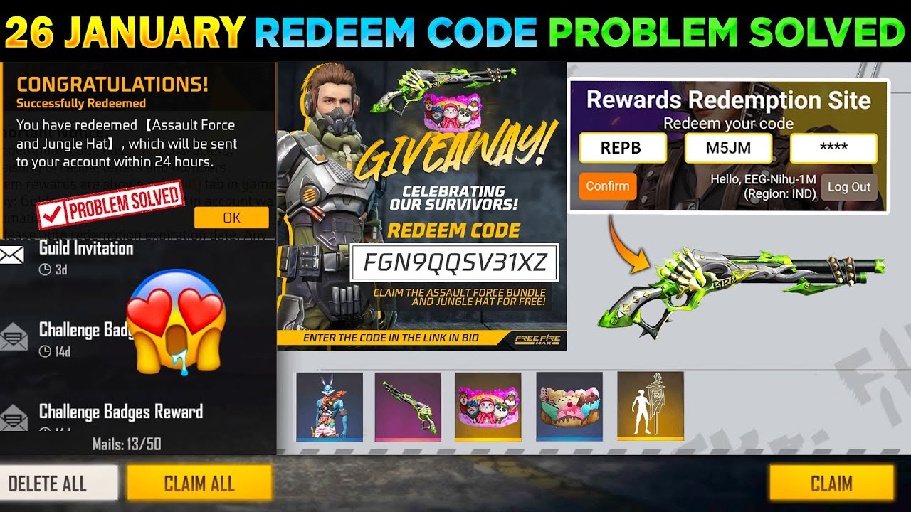 Free Fire Redeem Code Today 26 January | Republic Day Redeem Code Free ...