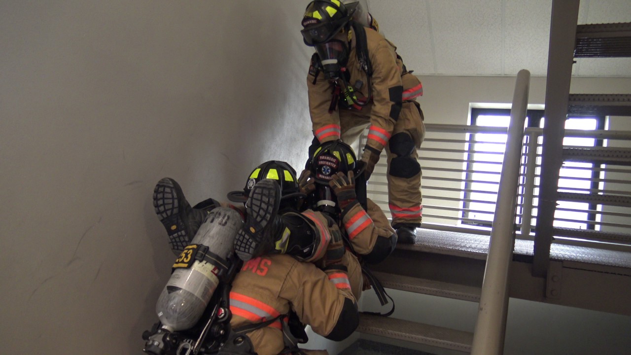 Moving down firefighter up steps Part 2 - YouTube