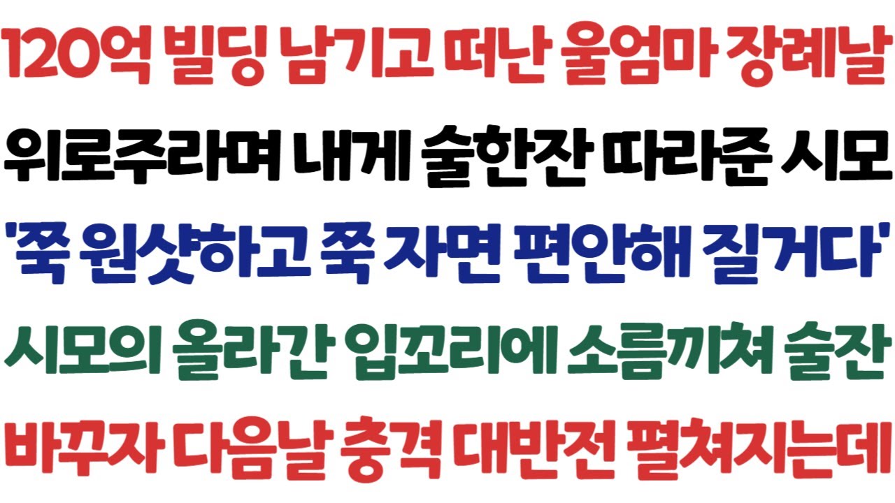 반전 신청사연 120억 빌딩남기고 떠난 울엄마 장례날 위로주라며 술한잔 따라준 시모 시모가 수상해 술잔바꾸자 다음날 충격반전