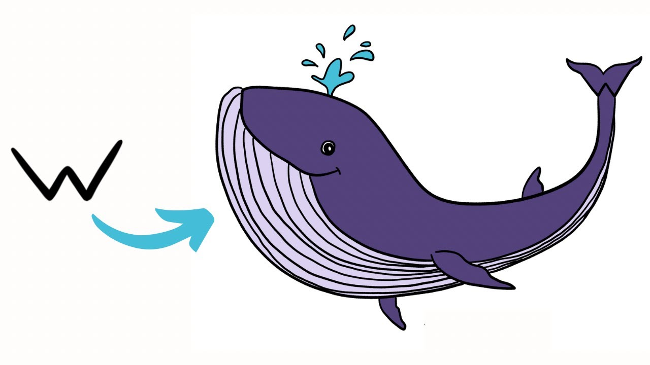 How to Draw a Whale from the Letter W! Wonderful Ocean Creature! Fun ...