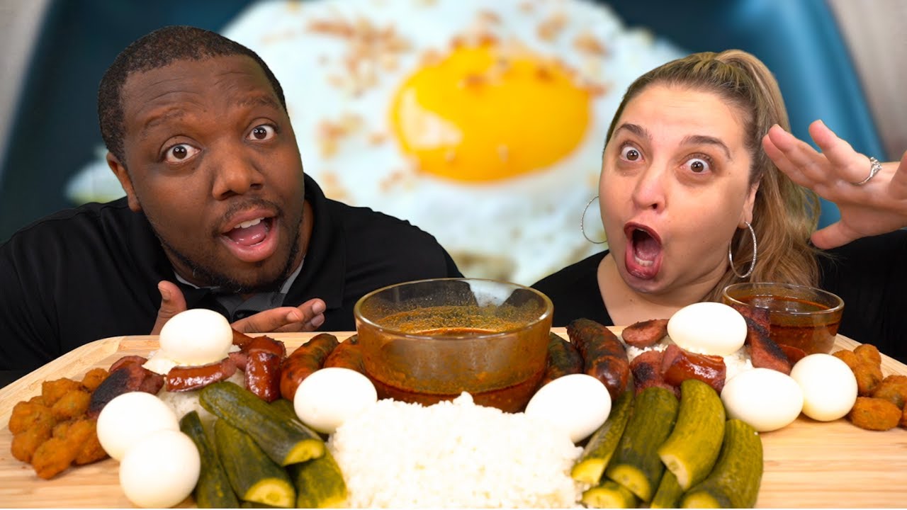 DEVOURING Rice and Eggs, Sausage and Cucumbers!!! - YouTube