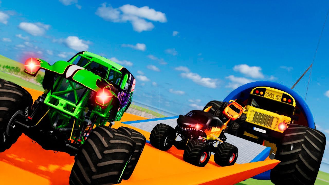 Grave Digger and MONSTER TRUCKS VS Big Ramp and RING of FIRE VS Front ...