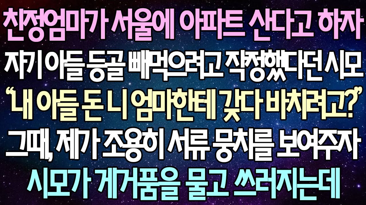 반전 사연 친정엄마가 서울에 아파트 산다고 하자 자기 아들 등골 빼먹으려고 작정했다던 시모 그때 제가 조용히 서류 뭉치를