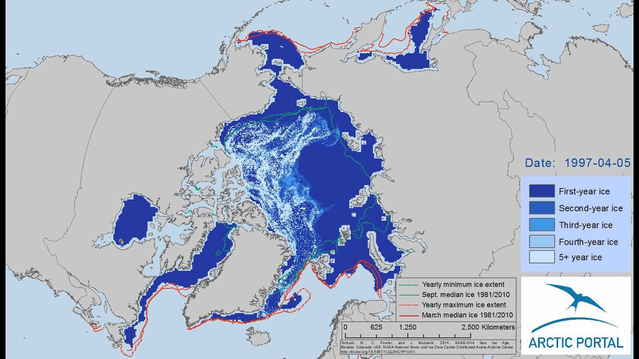 Arctic sea ice age and min/max/median 1979-2015 - YouTube