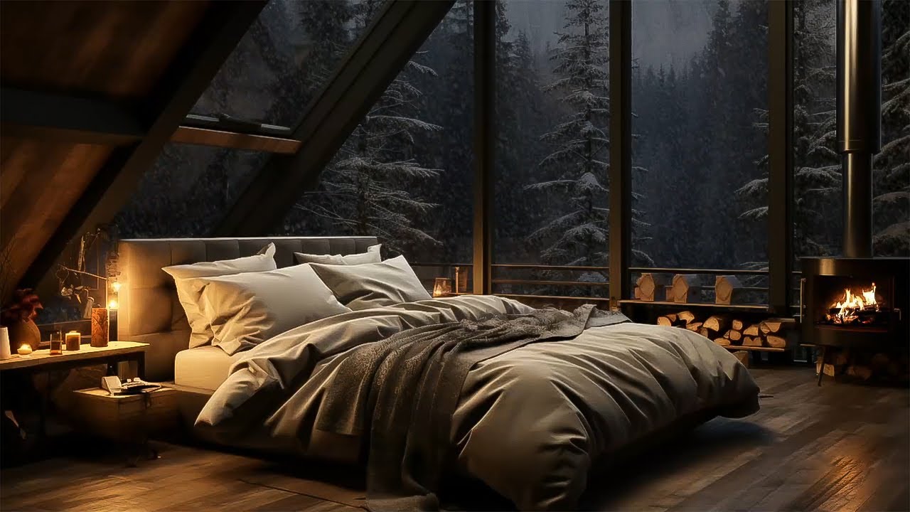 Cozy Room with Winter Sounds | Falling Snow & Gently Flickering Fire ...