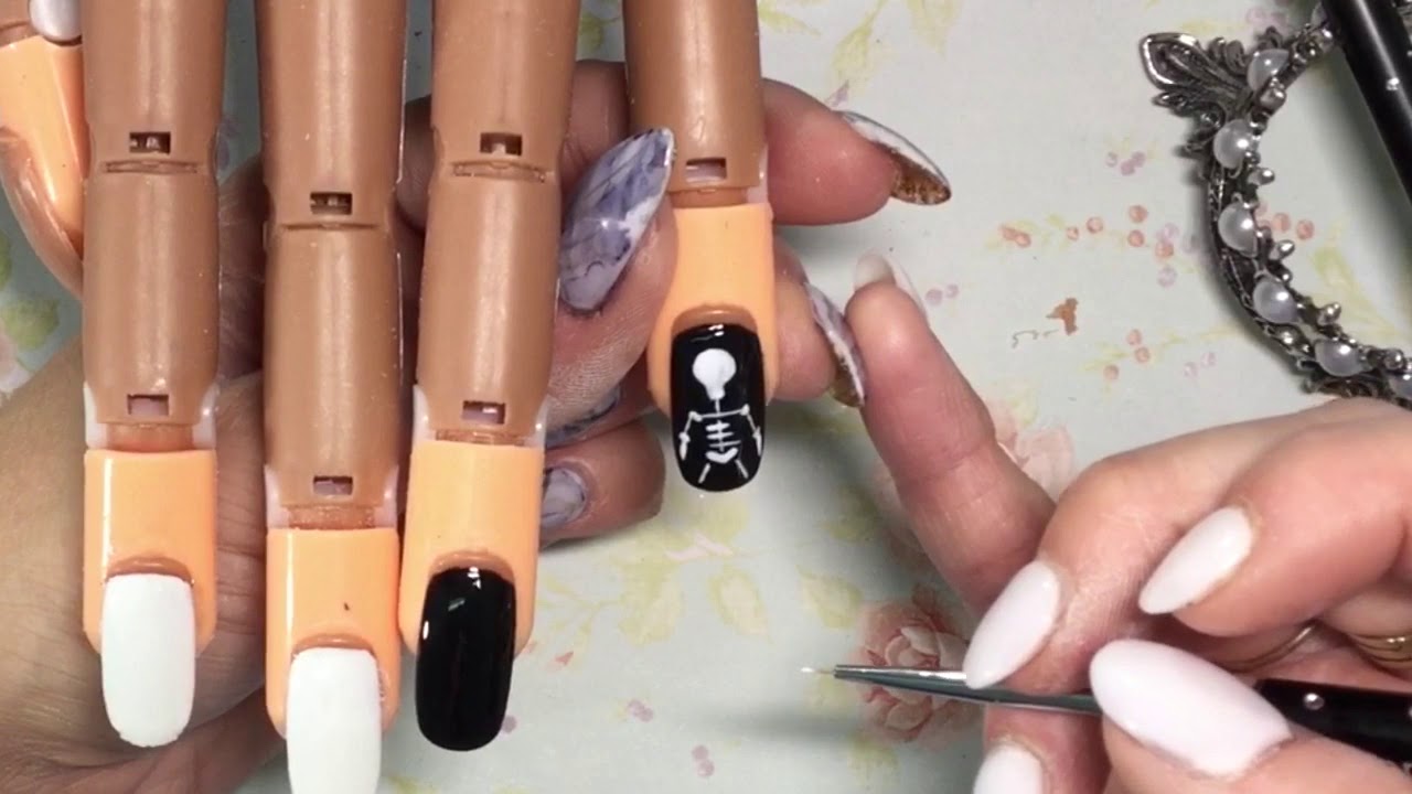 Easy skeleton nail art with GEL POLISH- Halloween nail art - YouTube