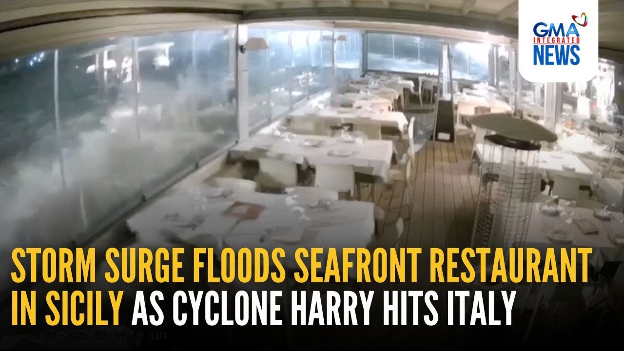 Storm surge floods seafront restaurant in Sicily as Cyclone Harry hits ...