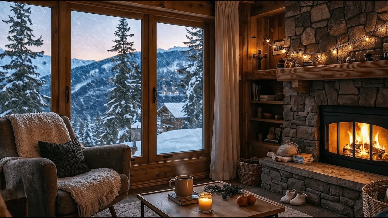 Snow Falling Outside Window & Fireplace | Cozy Winter Night Ambience ...