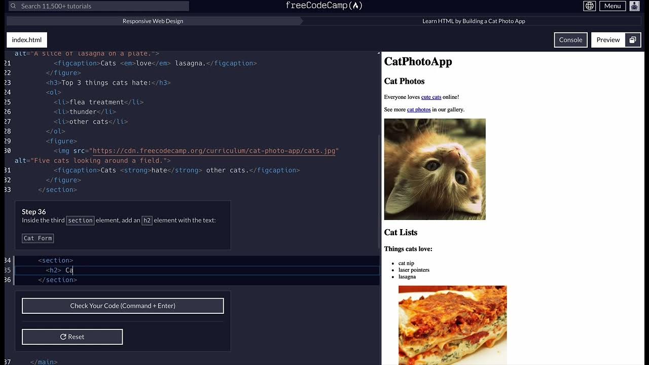 FreeCodeCamp - Responsive Web Design - Step 36 of 71 - Learn HTML by Building a Cat Photo App ...