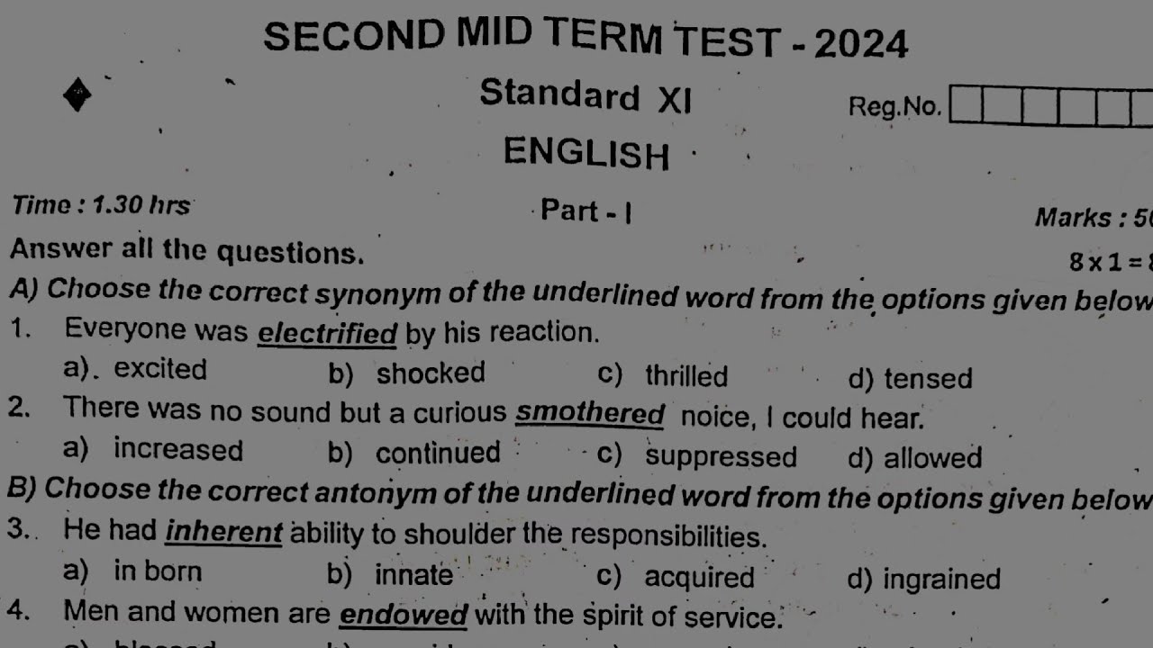 11th english second midterm exam original question paper 2024 - YouTube