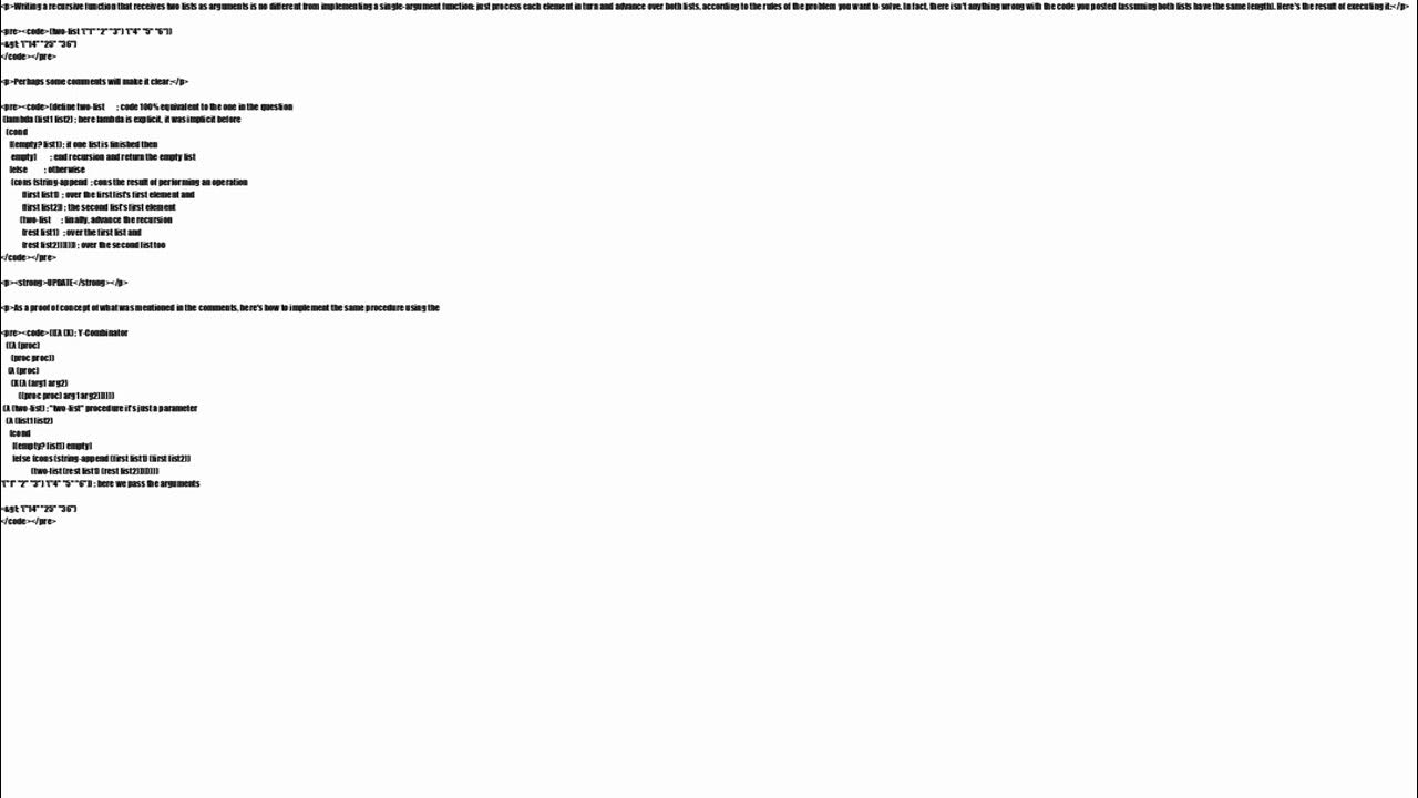 Scheme: Lambda Recursion: Combining two lists elements by elements - YouTube