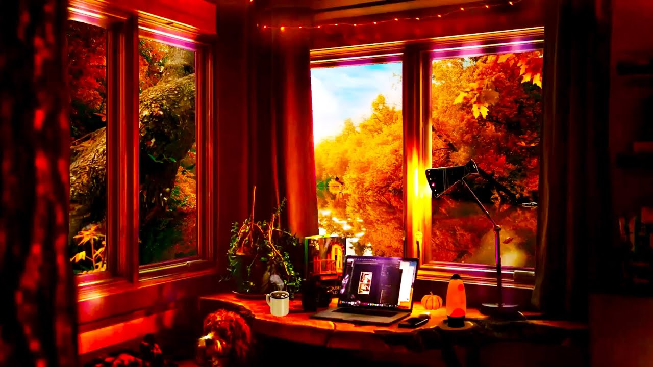 Autumn Study Room Ambience 🍂 With Calming Wind, Rustling Fall Leaves ...