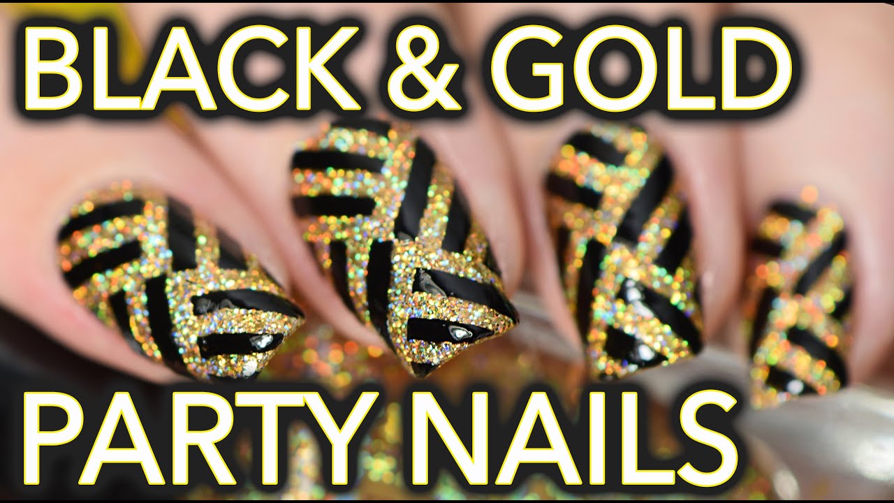 Black & gold fancy party striped nail art - YouTube