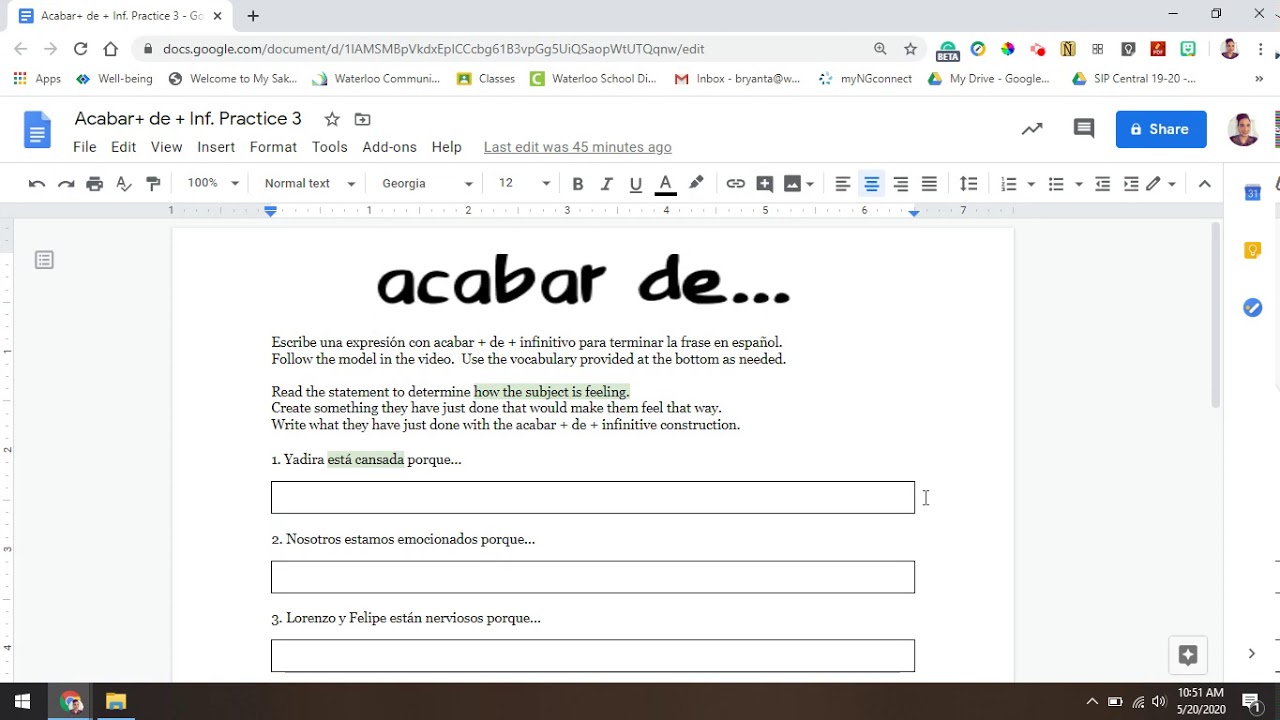 Acabar + de + Infinitive Practice 3 Instructions - YouTube
