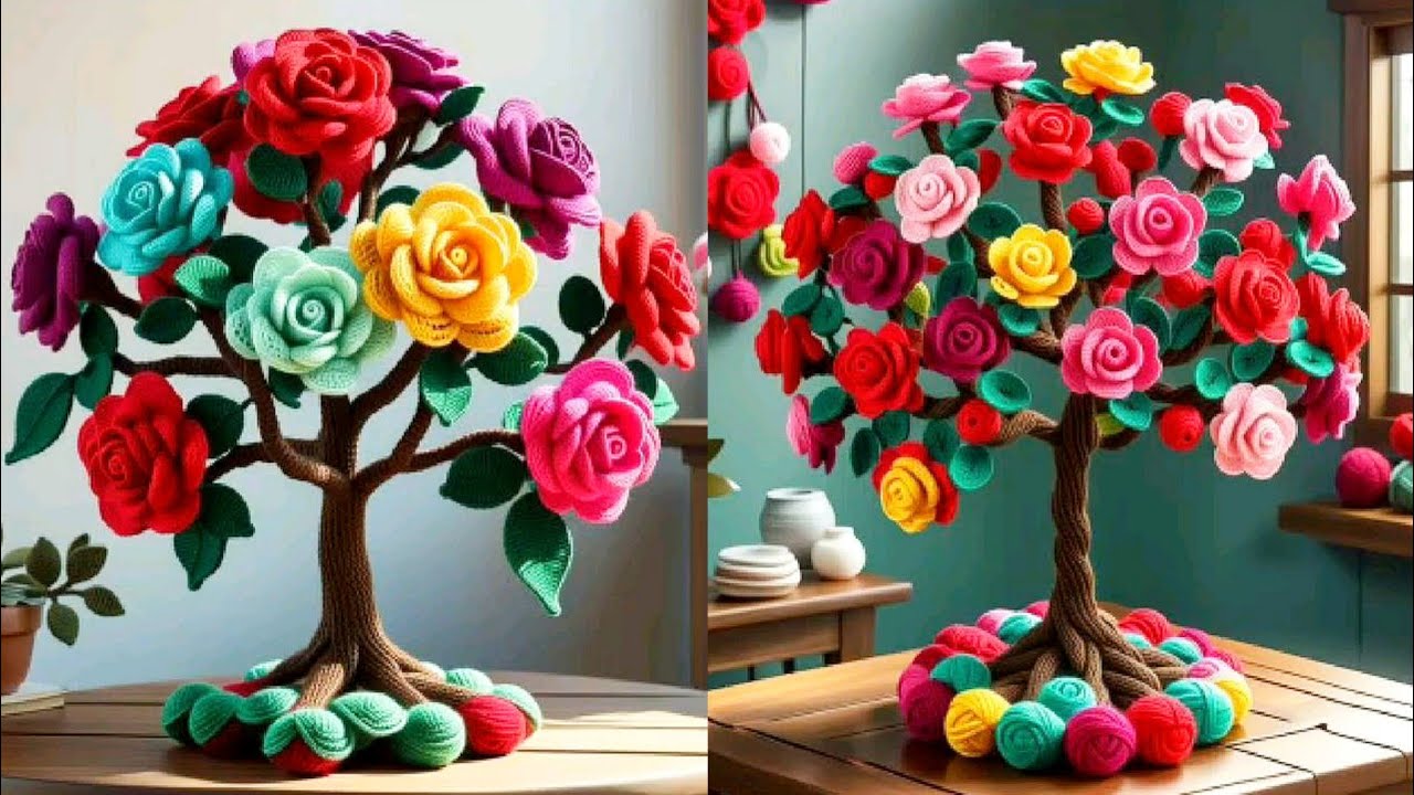 Crochet flower trees/Knitted rainbow colors flower trees/Crochet trees ...