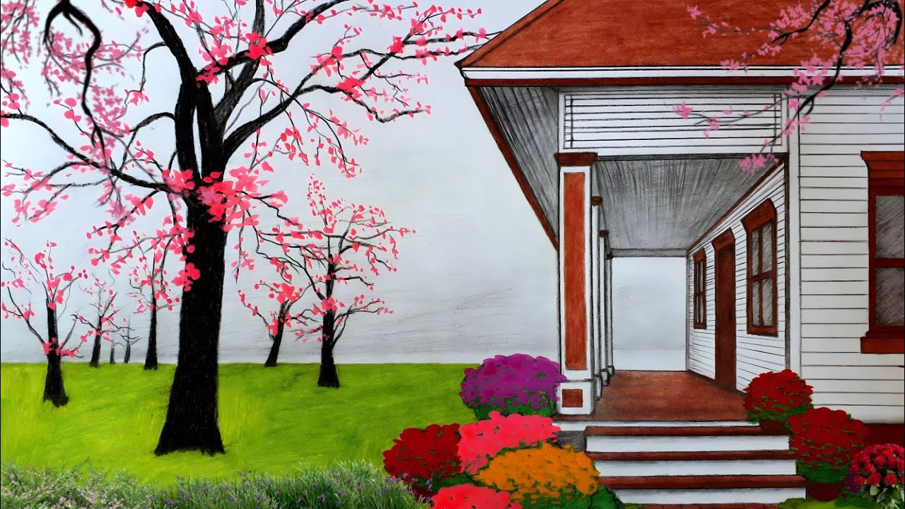 SPRING SEASON SCENERY DRAWING. Step by step / BAHOR FASLI MANZARASINI ...