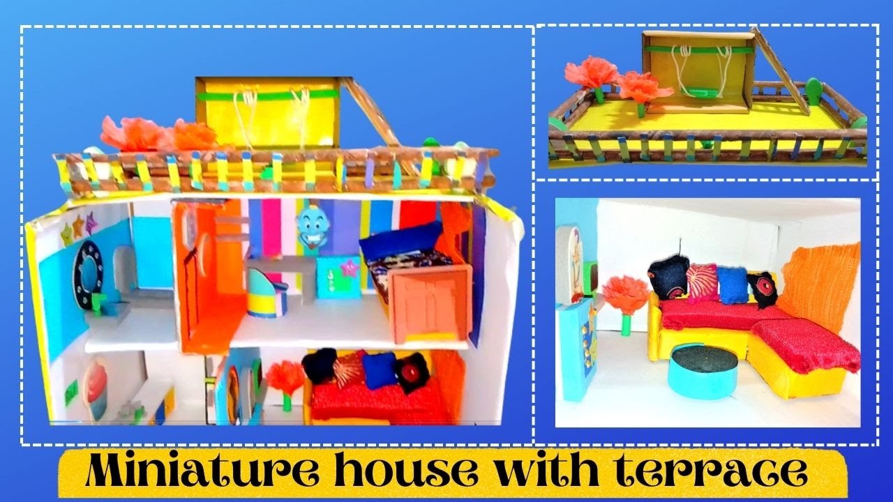 DIY miniature cardboard house & furniture with terrace #miniature - YouTube