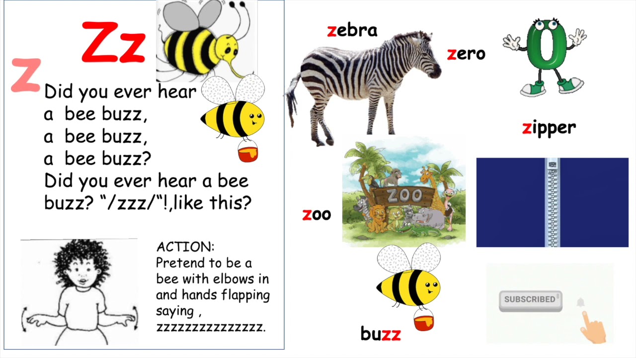 JOLLY PHONICS LETTER Zz SONG W/ LYRICS ACTION & VOCABULARY WITH MOVING ...