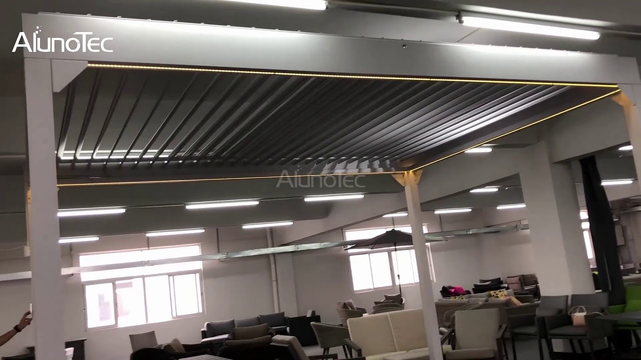BIO-FOLA Model Motorized Aluminium Louver Roof with LED Lighting - YouTube