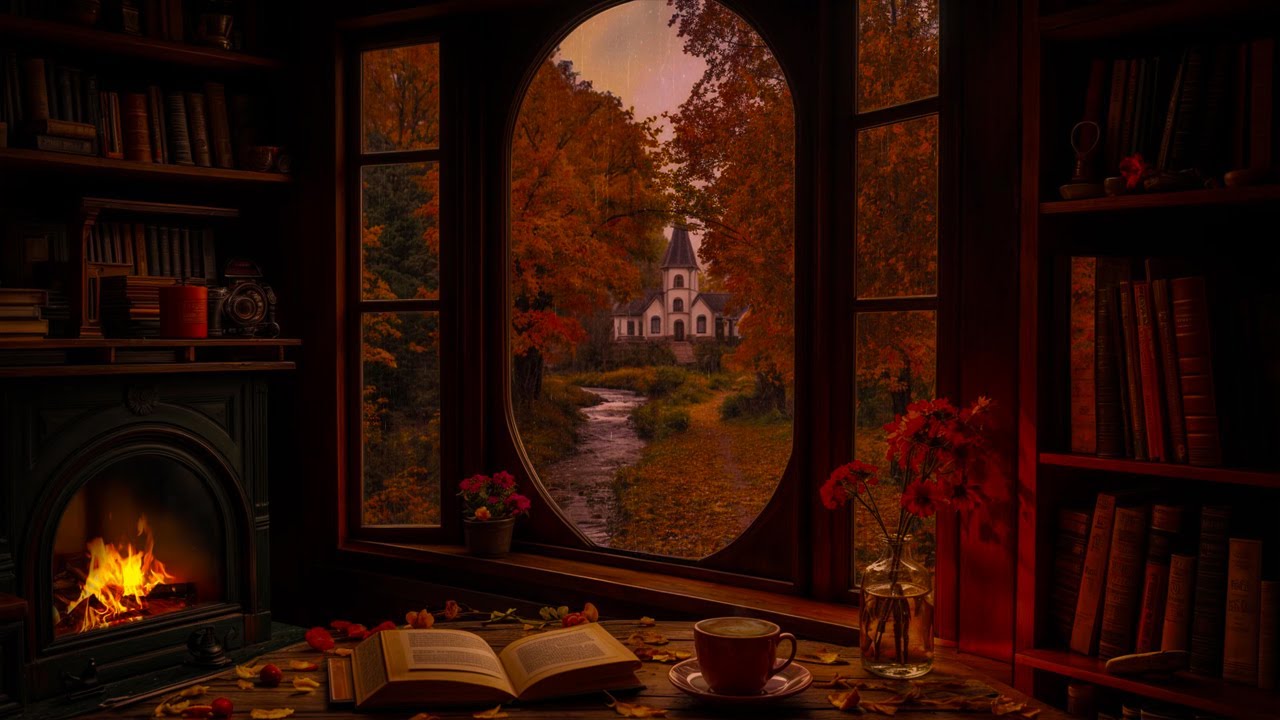 Cozy Autumn Window Ambience 🍂 Rain & Crackling Fireplace for Peaceful ...