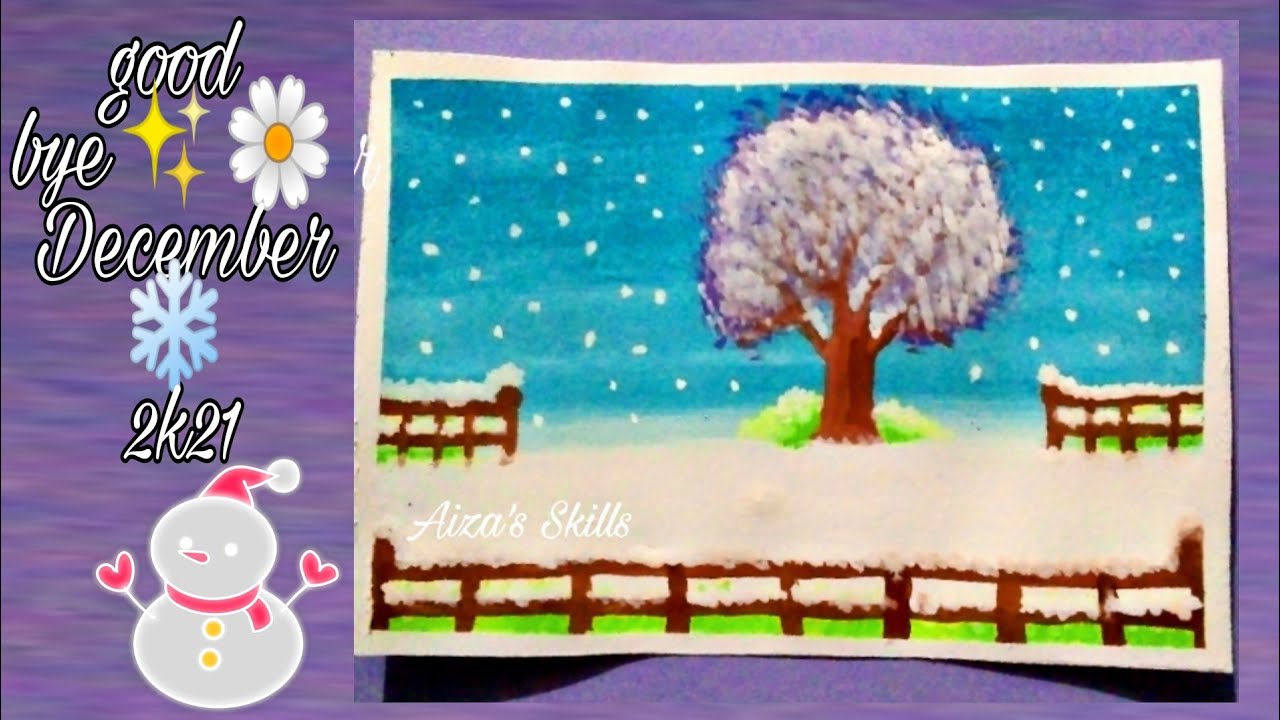 Winter ️ season scenery | painting of snowfalling | art of tree, grass ...