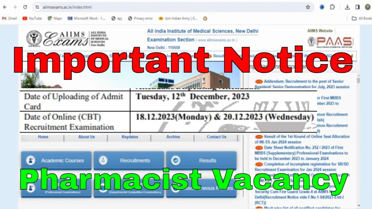 Important notice | AIIMS Pharmacist Examination | CRE AIIMS Recruitment ...