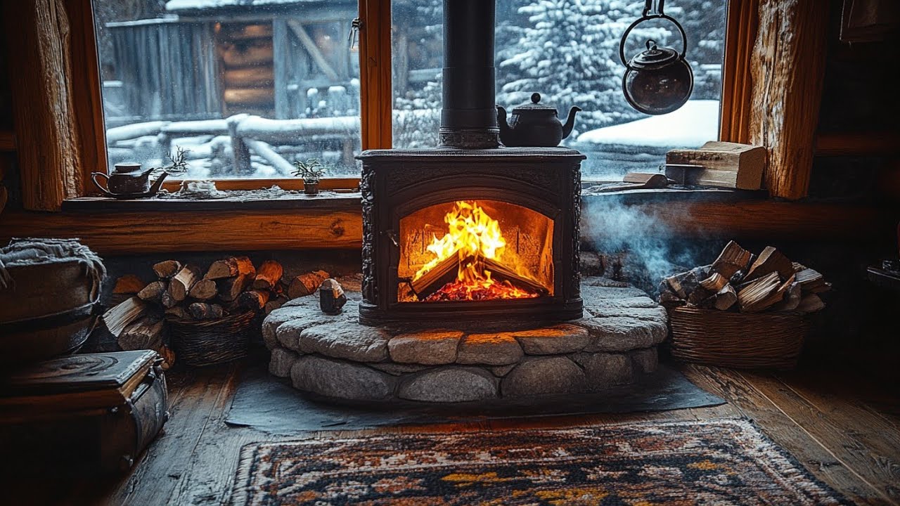 Enjoy the peaceful burning stove with crackling fire sounds in a cabin ...