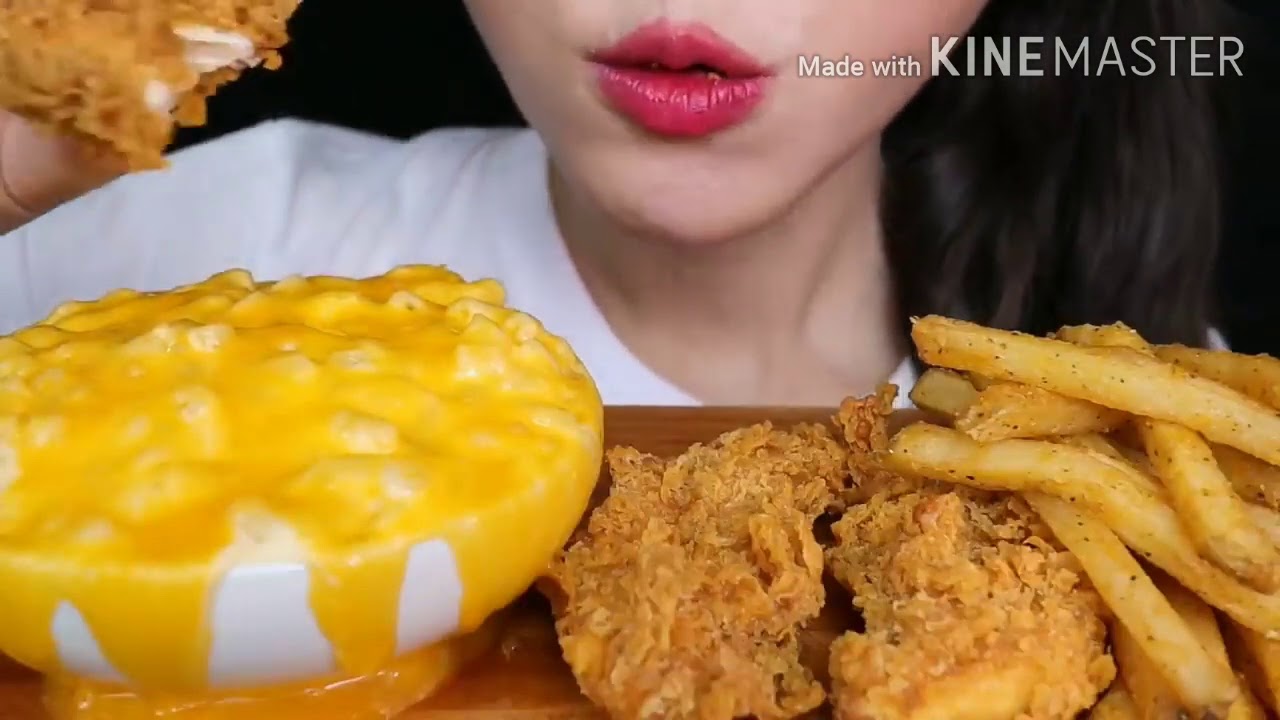 Moon asmr chicken tenders, mac and cheese and fries (bites only) - YouTube