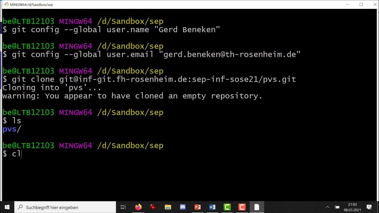 Erster Zugriff auf das git Repository, Clonen, erster Commit und Push - YouTube