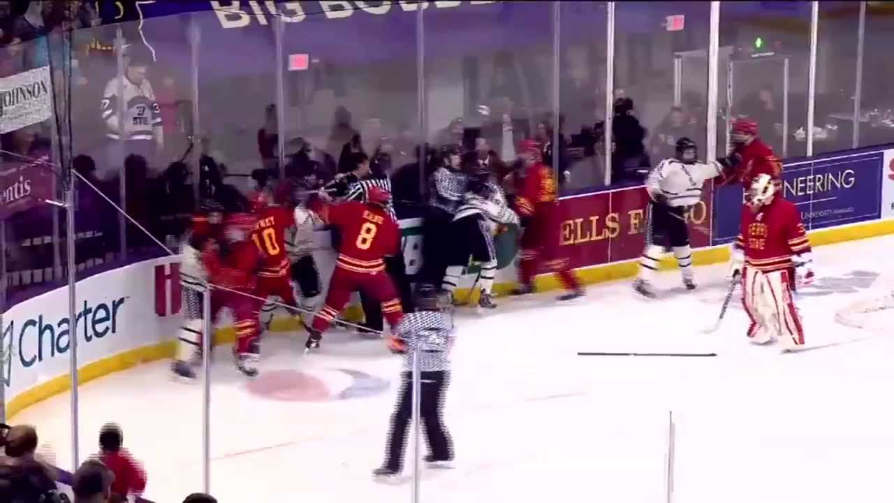 College Hockey Line Brawl Fight: Ferris State at Minnesota State 1/18 ...