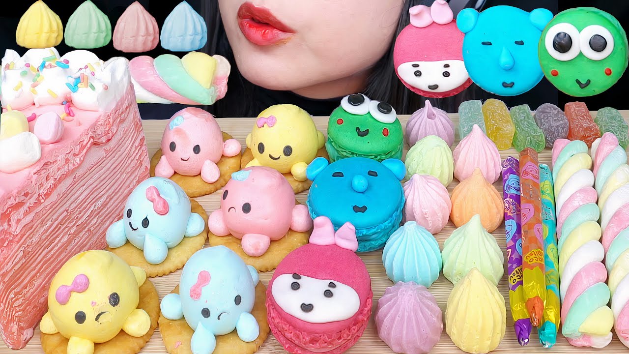 ASMR RAINBOW CREPE CAKE 🍰 RAINBOW MARSHMALLOW 🍡 MACARON KARAKTER 🥯 ...