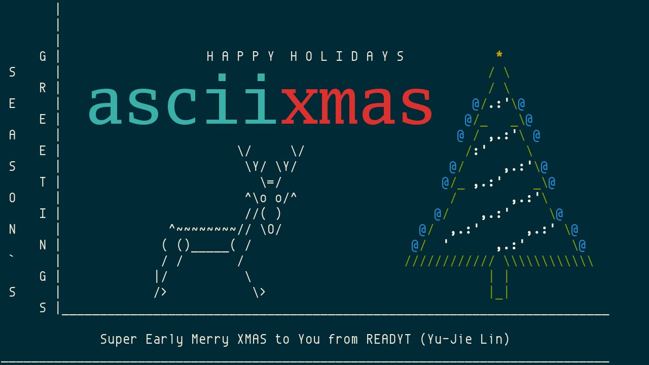 xmas (asciixmas) terminal card, tree and deer, from ncurses-examples ...
