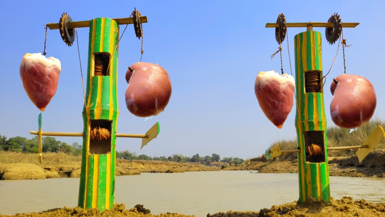 Great Fishing Best Wooden wheel Hook fish trap with Goat liver Boy ...