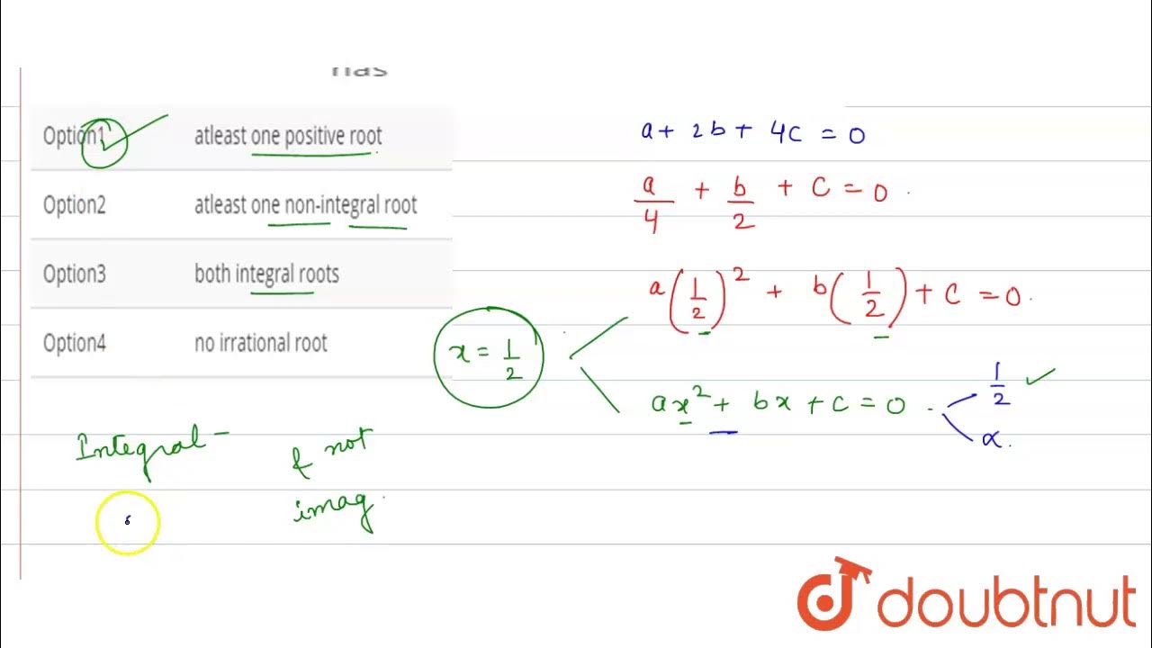 If `a,b, c epsilon R(a!=0)` and `a+2b+4c=0` then equatio `ax^(2)+bx+c=0 ...