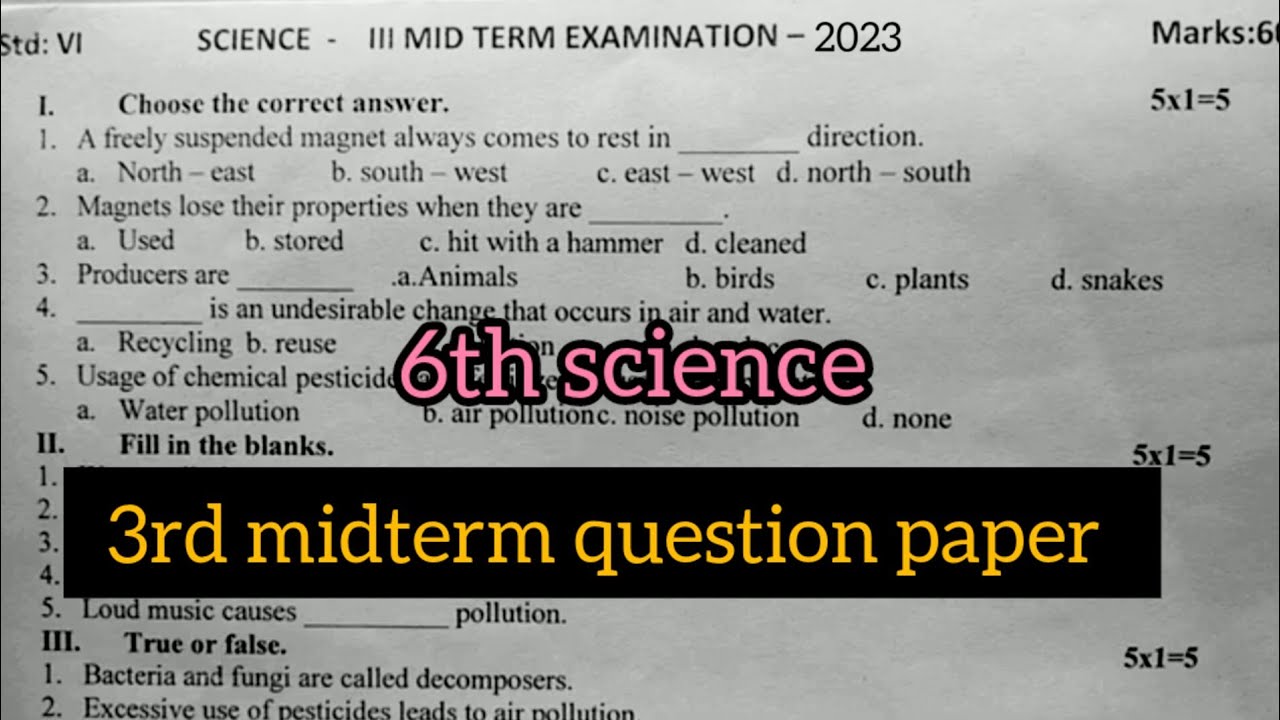 6th std science 3rd midterm exam question paper 2023 || Third midterm ...