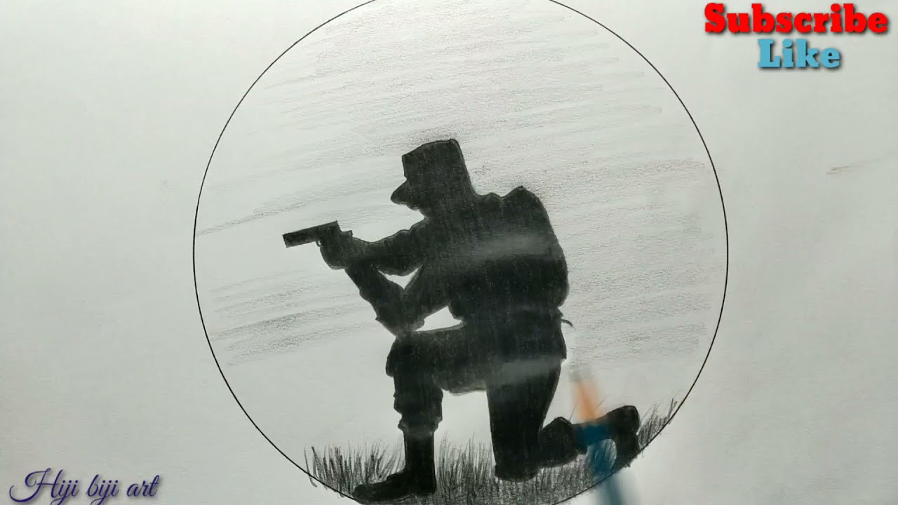 Draw A Soldier Shooting Soldier Standing And Holding Big Gun, Hand...