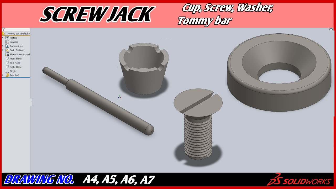 Screw jack Cup, Screw, Washer, Tommy bar Design || SolidWorks Design ...