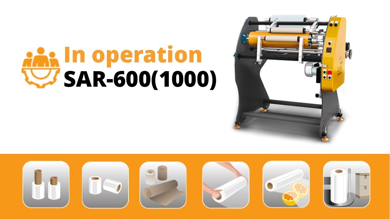 Semi-automatic stretch film mini rolls rewinder SAR-600 - YouTube