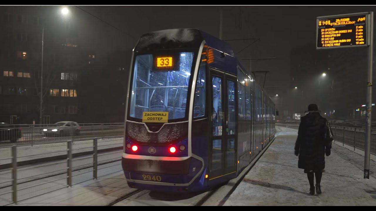 Poland, Wrocław, tram 33 night ride from Zachodnia Kolejowa to Pl ...