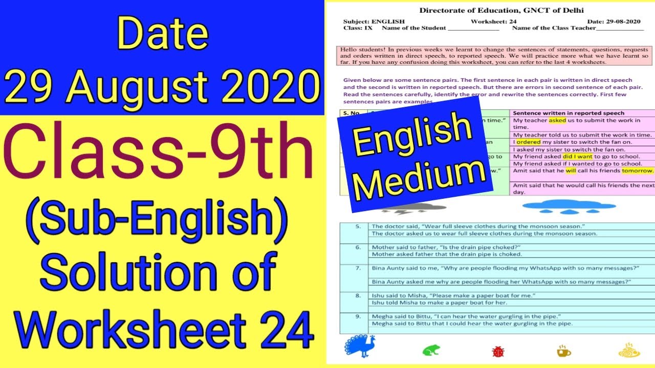 Class 9th : Subject- English Doe Worksheet 24 Solution 29 August 2020 ...