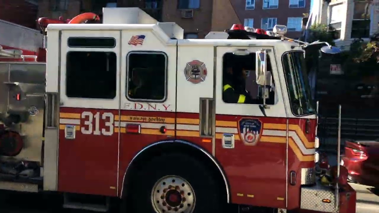 FDNY Ladder 150 Act Ladder 129 & Engine 313 Act Engine 273 taking up ...