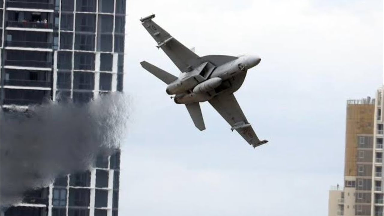 F18 Fly-By Between High-Rises, Main Beach, Gold Coast - YouTube