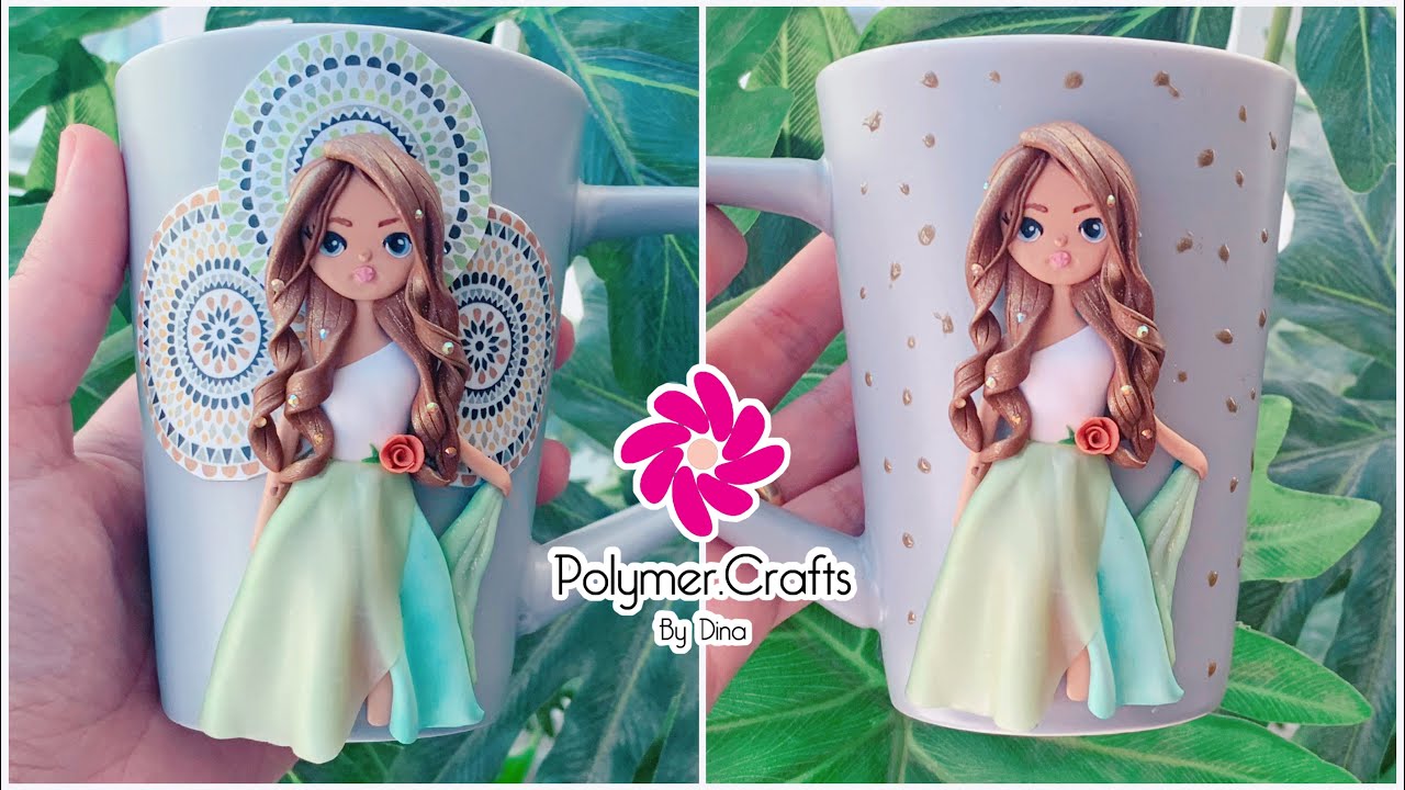 Eng sub.! Polymer clay girl with transparent skirt on a mug-طريقة بنوتة ...